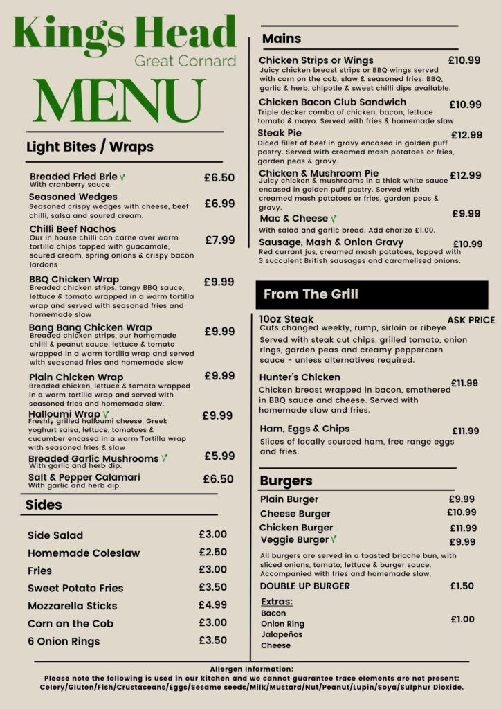 Menus - Kings Head Public House